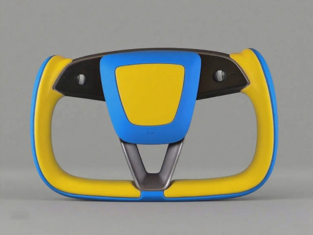 Blue and yellow color clash Tesla Yoke model Y Juniper Steering - Axeco