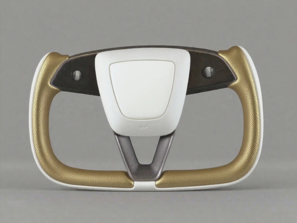 Gold and white intertwined Tesla Yoke model Y Juniper Steering - Axeco