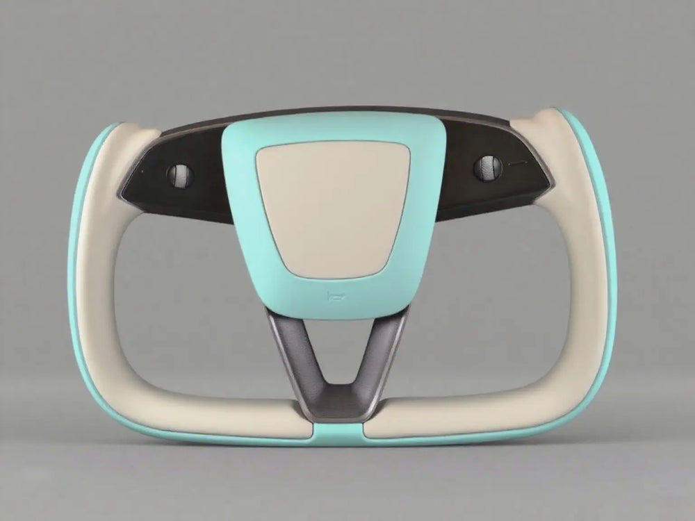 Light blue and creamy white Tesla Yoke model Y Juniper Steering - Axeco